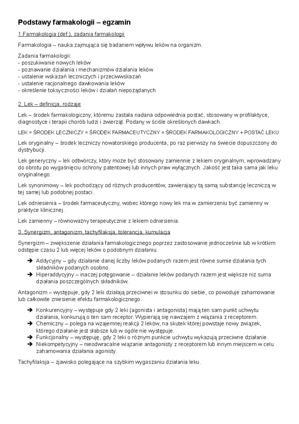 Egzamin - opracowanie - Podstawy farmakologii – egzamin 1 (def ...
