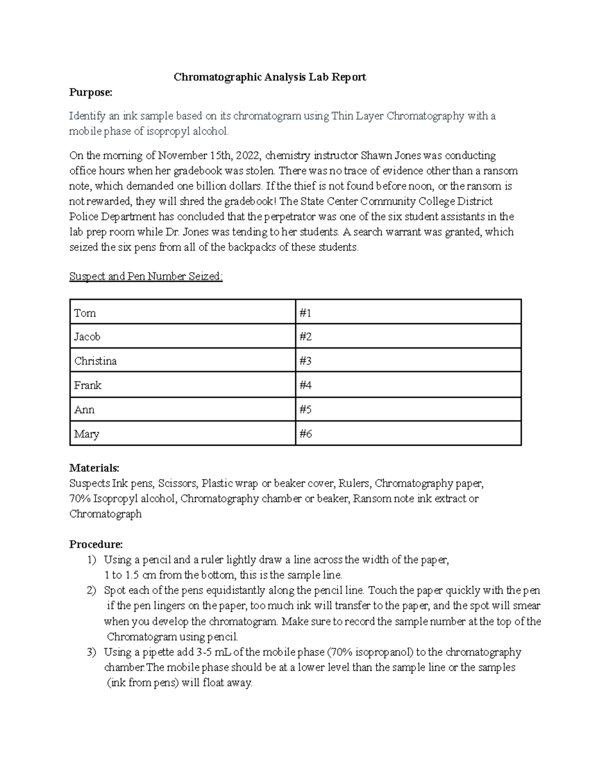 Chromatographic Analysis Lab Report on Ink Sample Identification - Studocu