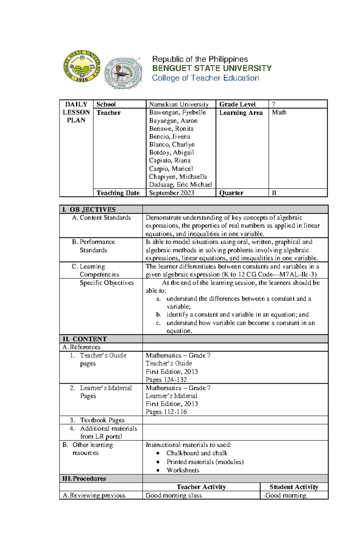 Math 7 - Inquiry Based Lesson Plan on Constants & Variables - Studocu