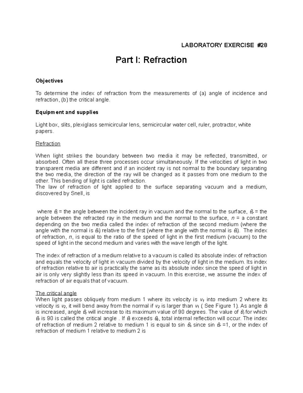 LAB 8 Refraction with data sheet(1) - LABORATORY EXERCISE Part I: Refraction Objectives To ...