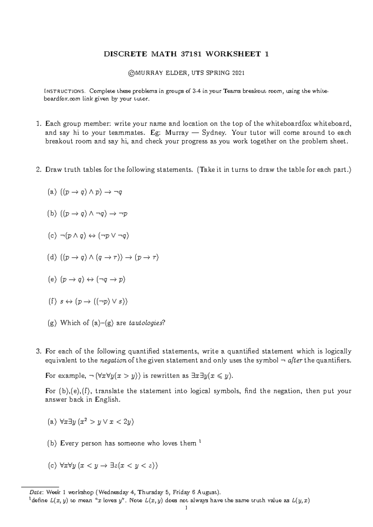 DISCRETE MATH 37181 Worksheet 1 - Group Tutorial Problems - Studocu