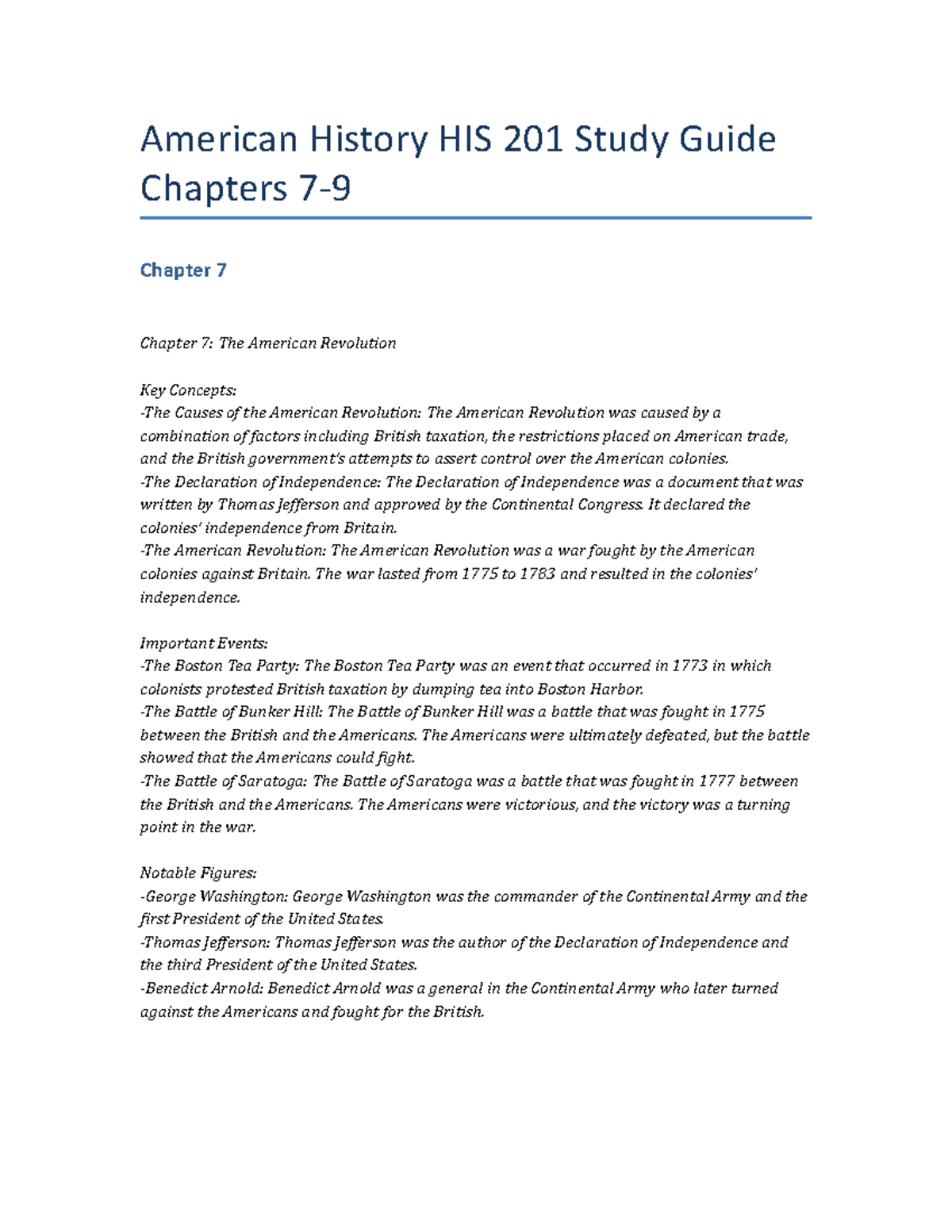 American History HIS 201 Study Guide: Key Concepts & Events (Ch 7-9 ...