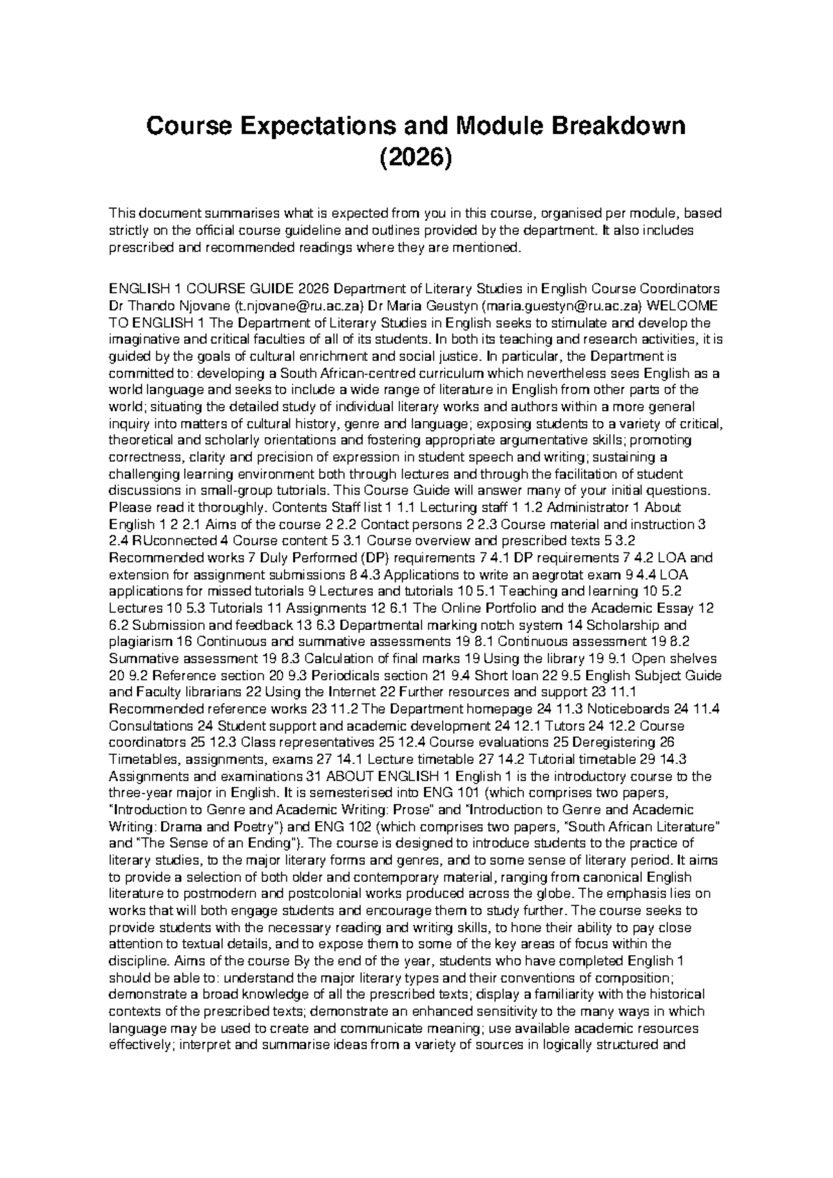 English 1 Course Guide: Module Expectations & Readings (2026) - Studocu