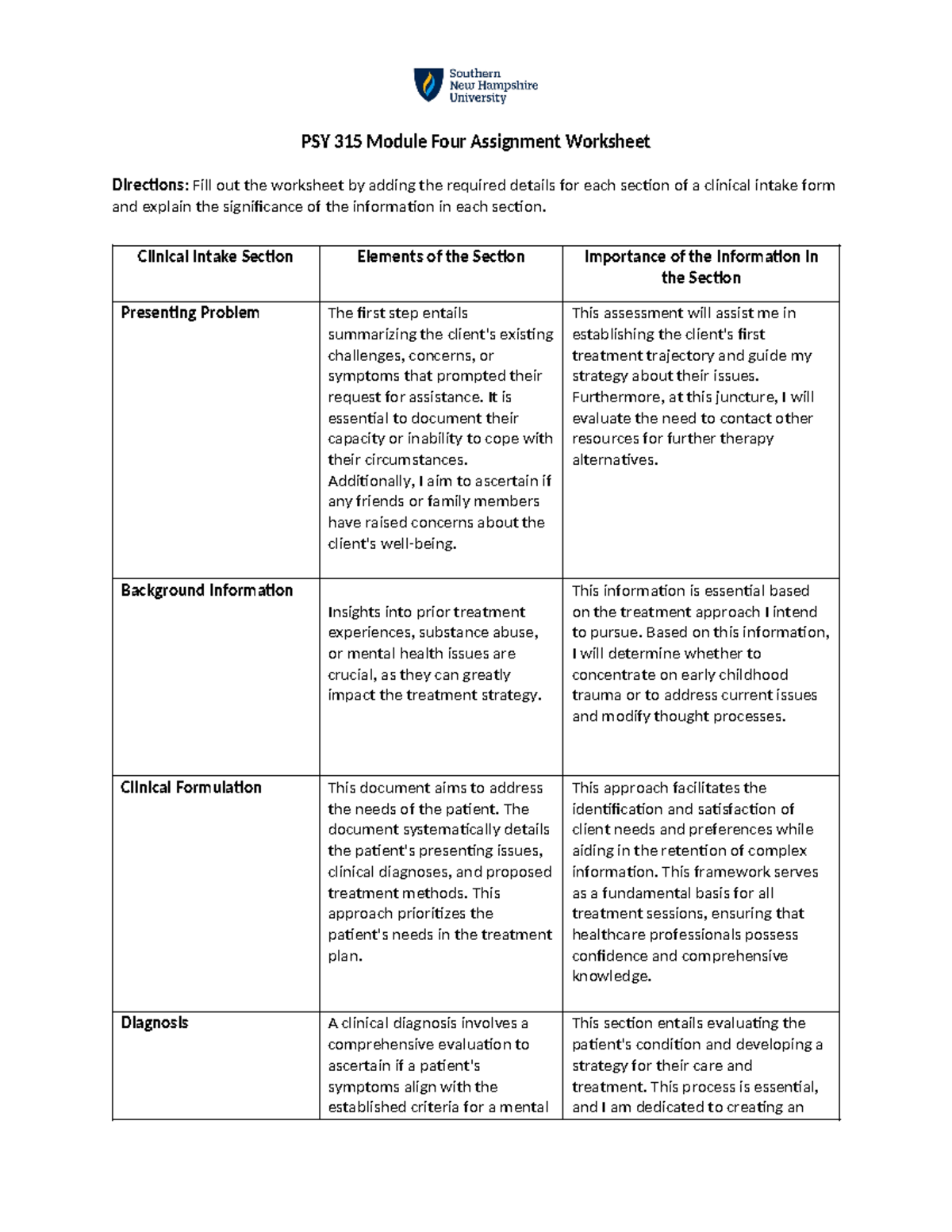 PSY 315 Clinical Intake Form Worksheet - Module 4-2 Assignment - Studocu