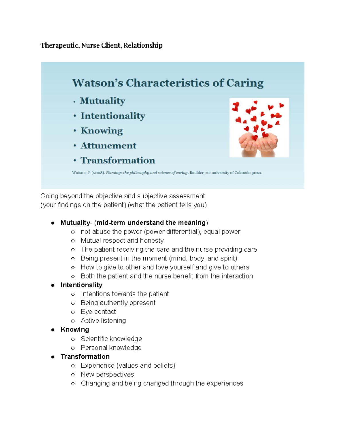 Therapeutic Nurse-Client Relationship: Beyond Assessment and Care - Studocu