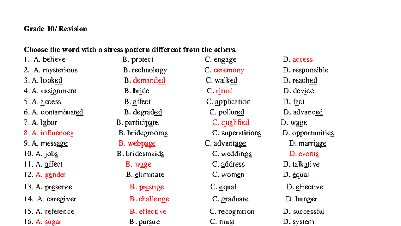 Grade Revision: Stress Patterns and Vocabulary Quiz (ENG 101) - Studocu
