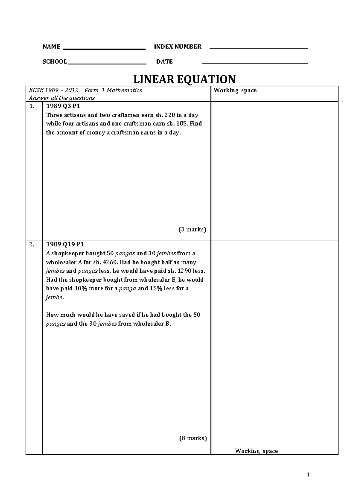 KCSE Mathematics Notes: Linear Equations Overview & Examples - Studocu