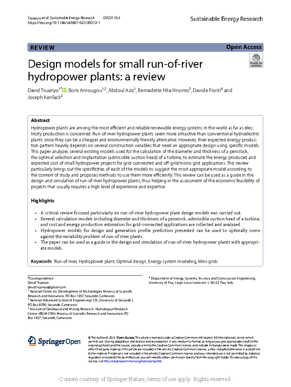 Design Models for Small Run-of-River Hydropower Plants: A Review (2023 ...