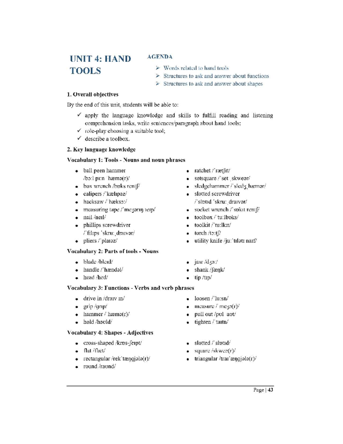 Unit 4: Hand Tools - Functions, Shapes, and Descriptions - Studocu