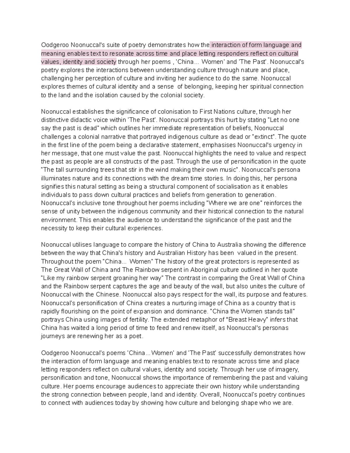 Noonuccal Poetry Analysis - Cultural Identity & Belonging - Studocu