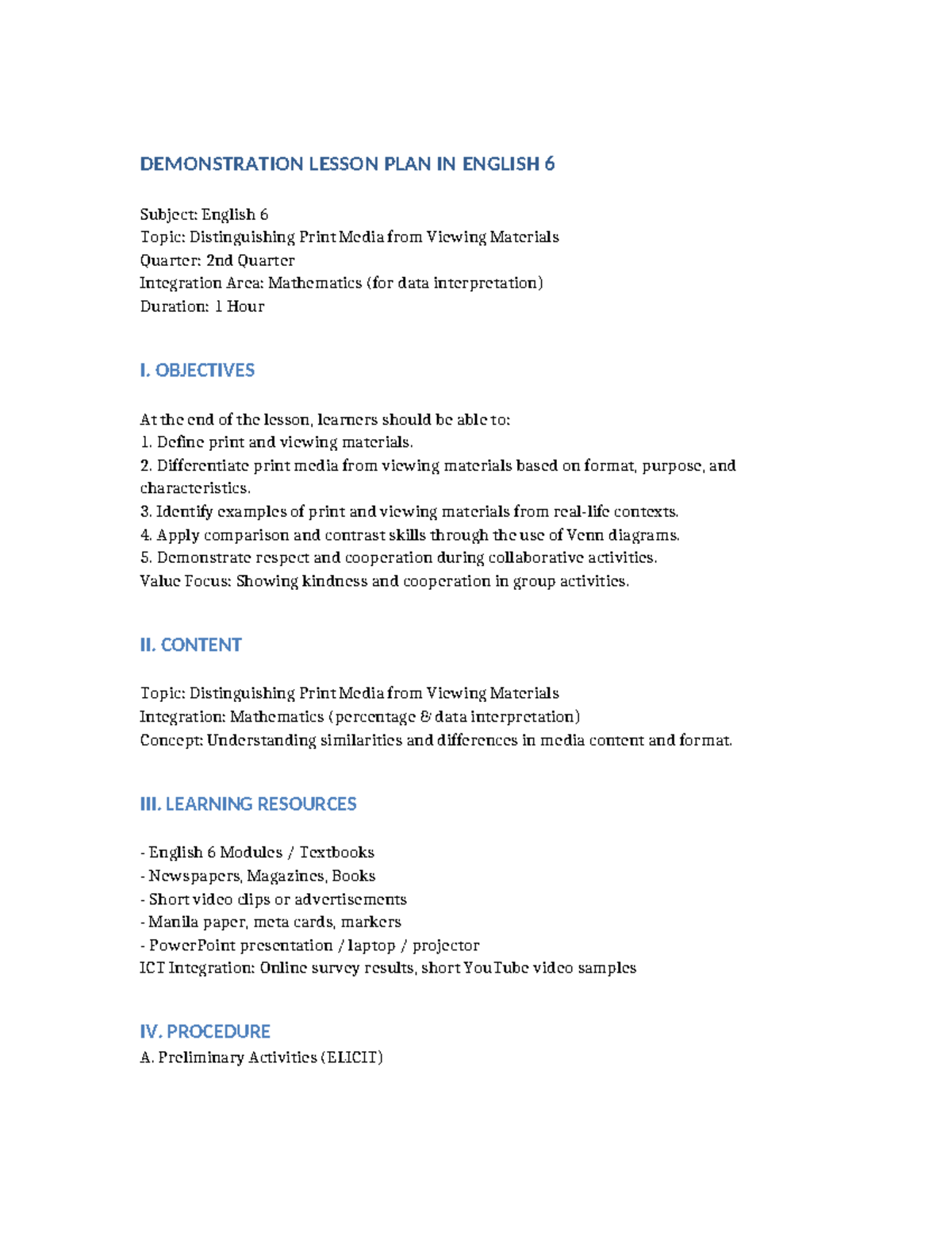 Demonstration Lesson Plan: Distinguishing Print Media vs. Viewing ...