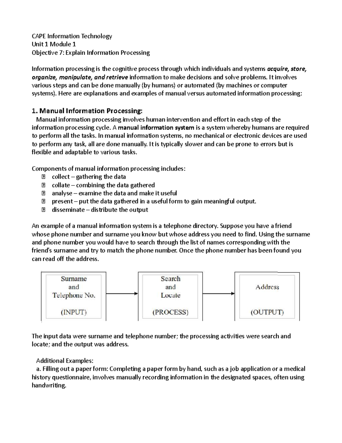 CAPE IT Unit 1 Module 1: Manual vs Automated Information Processing ...