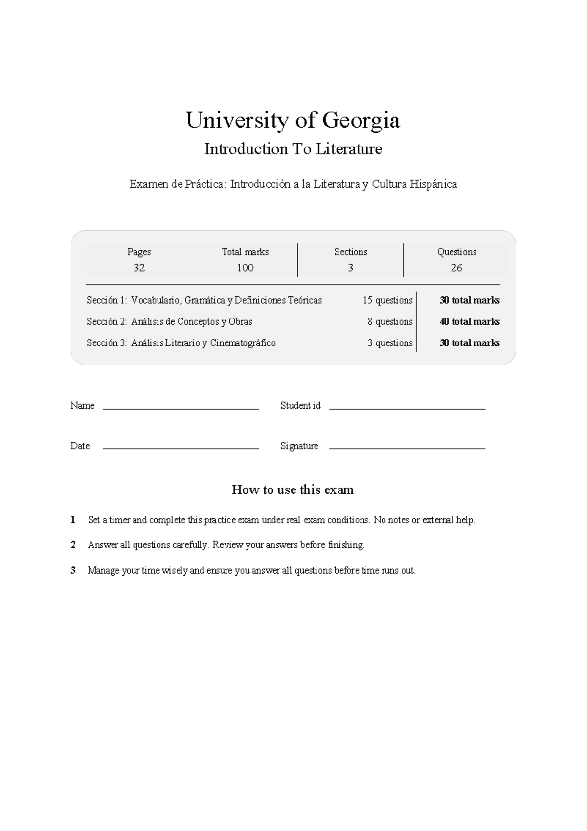 SPAN 3030 Introduction to Literature UGA Practice Exam 2026 - Studocu