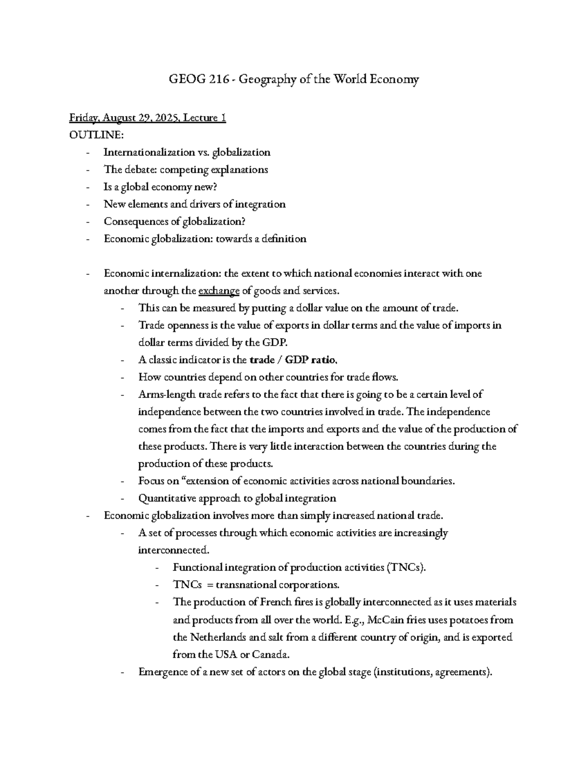GEOG 216 - Geography of the World Economy Midterm 1 Study Notes - Studocu