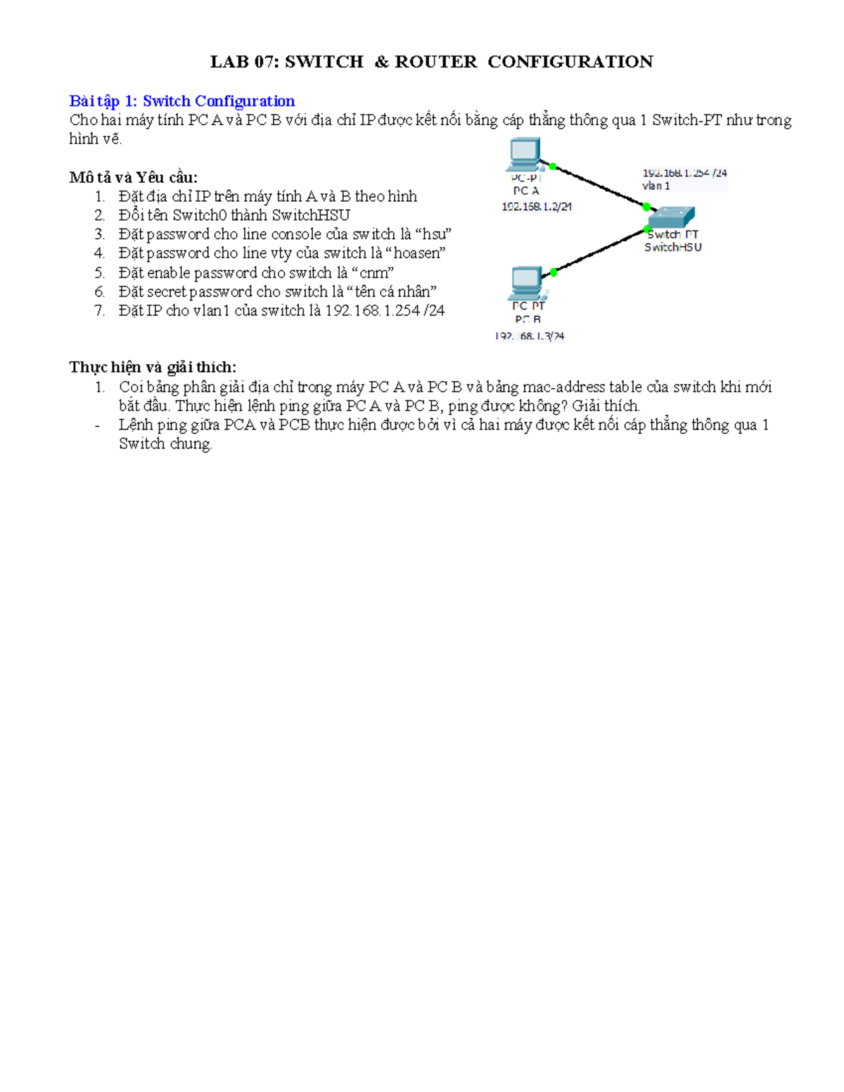 Week 7 - Lab on Switch & Router Configuration and Security - Studocu