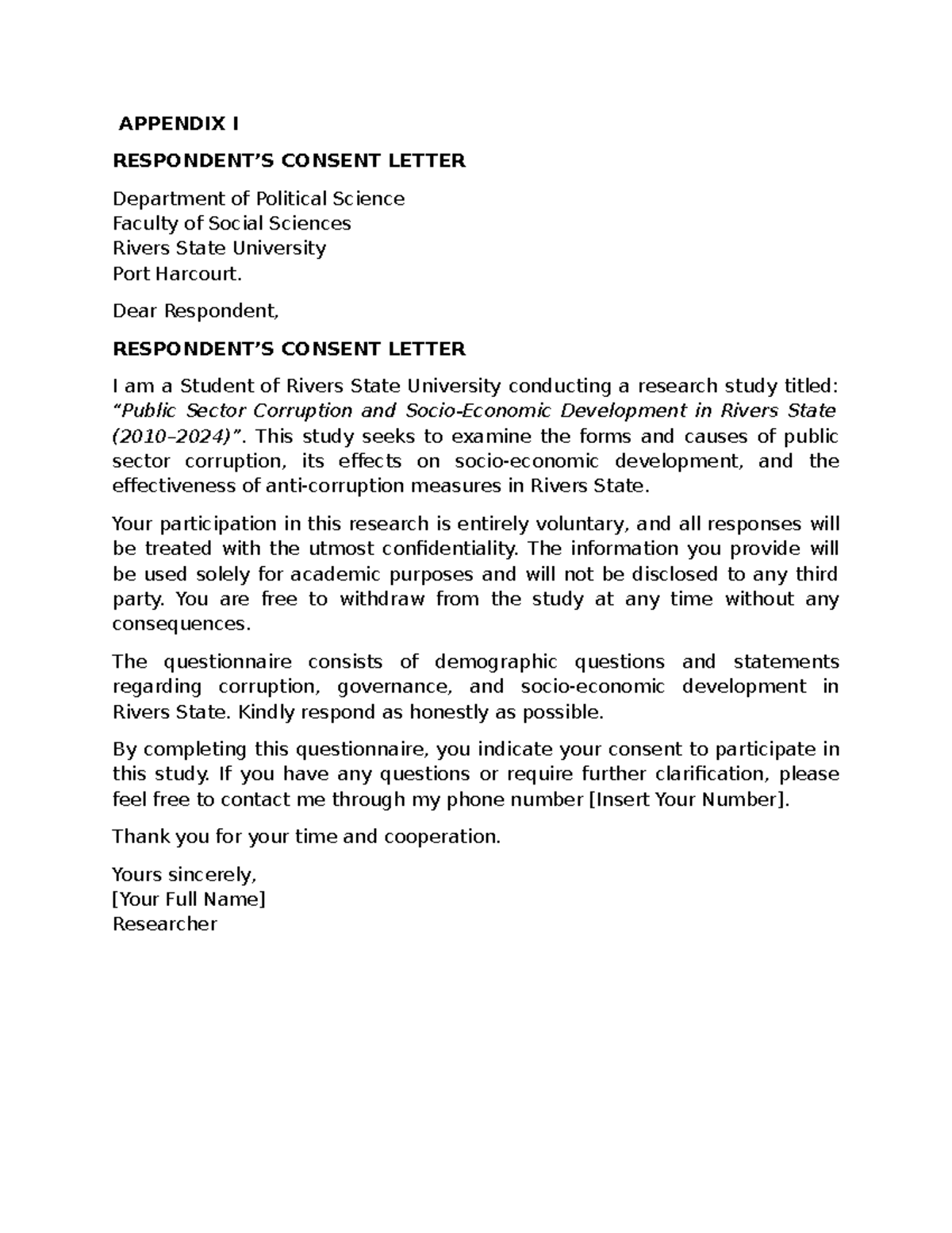 Research Methodology Questionnaire: Sector Corruption & Development in ...
