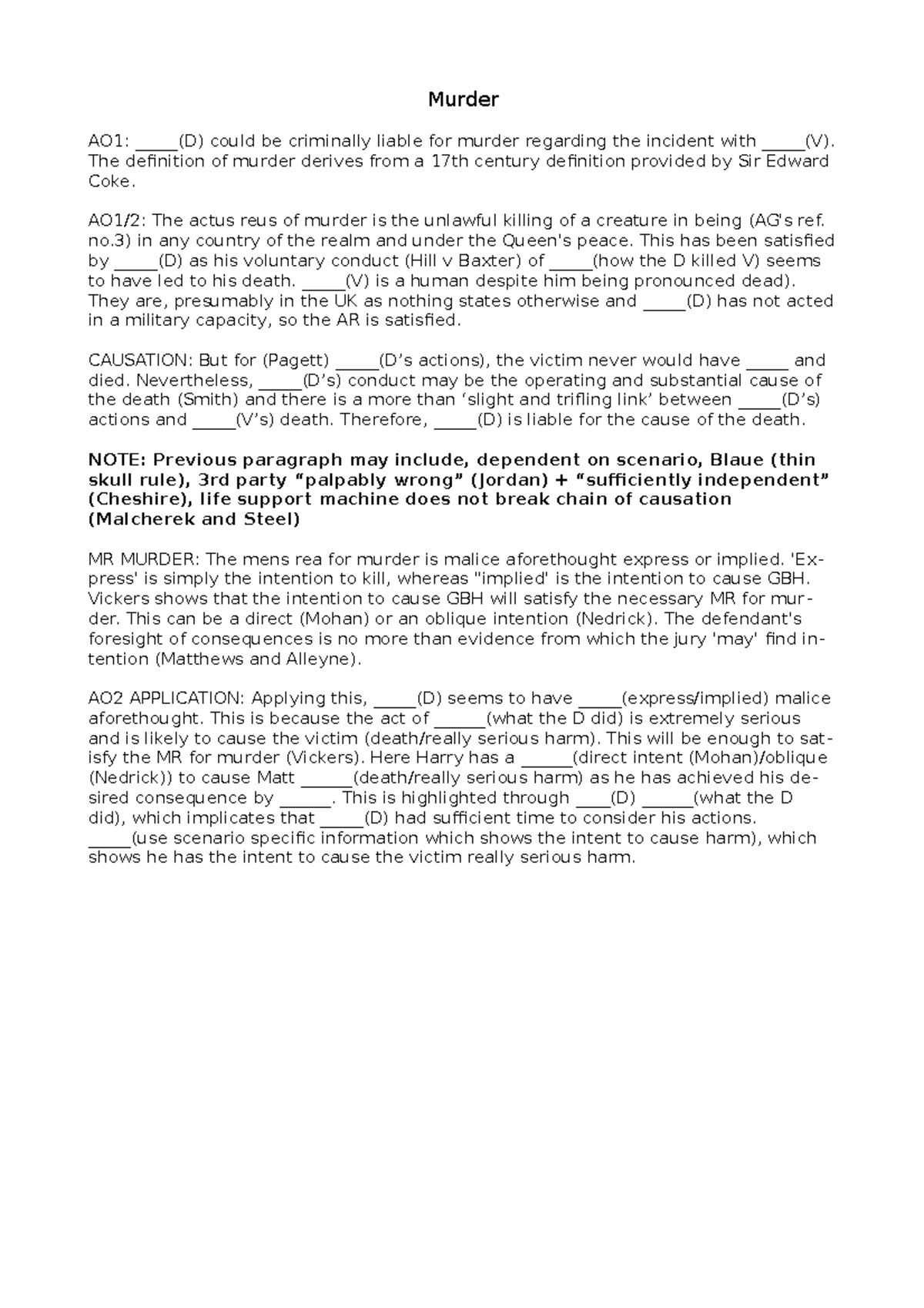 Murder + Manslaughter Essay Plans (Law 101: Course Notes) - Studocu