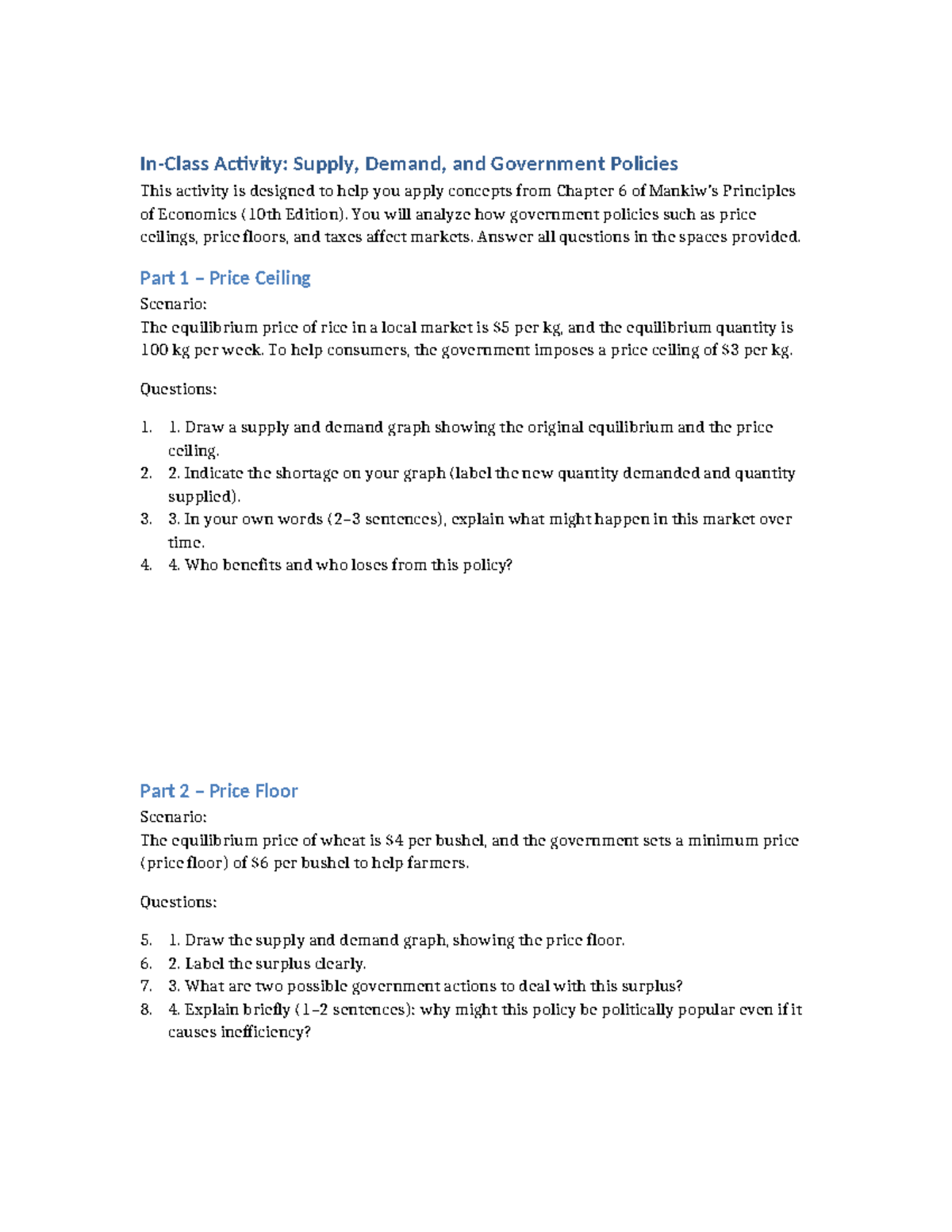 In-Class Activity: Supply, Demand & Gov Policies - Ch 6 Mankiw - Studocu
