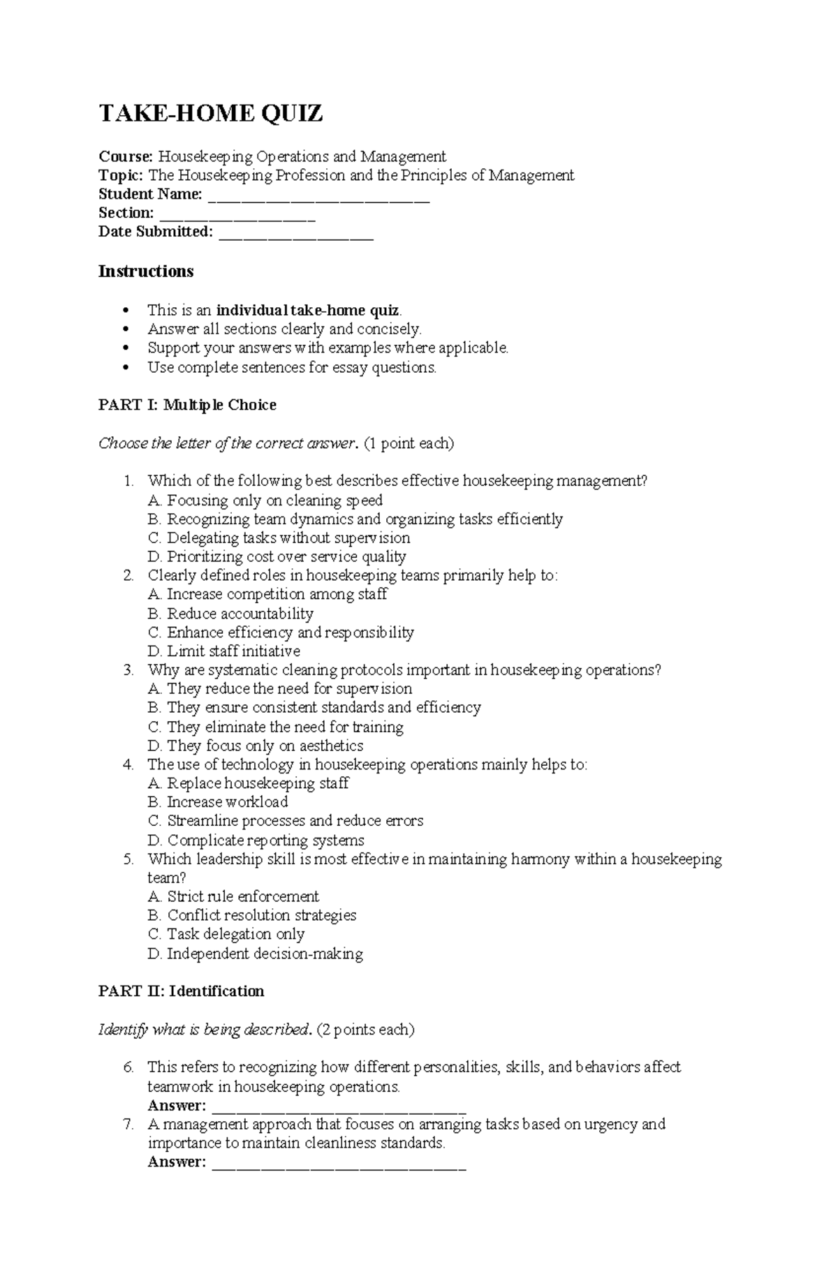 QUIZ: Housekeeping Operations & Management - The Housekeeping ...