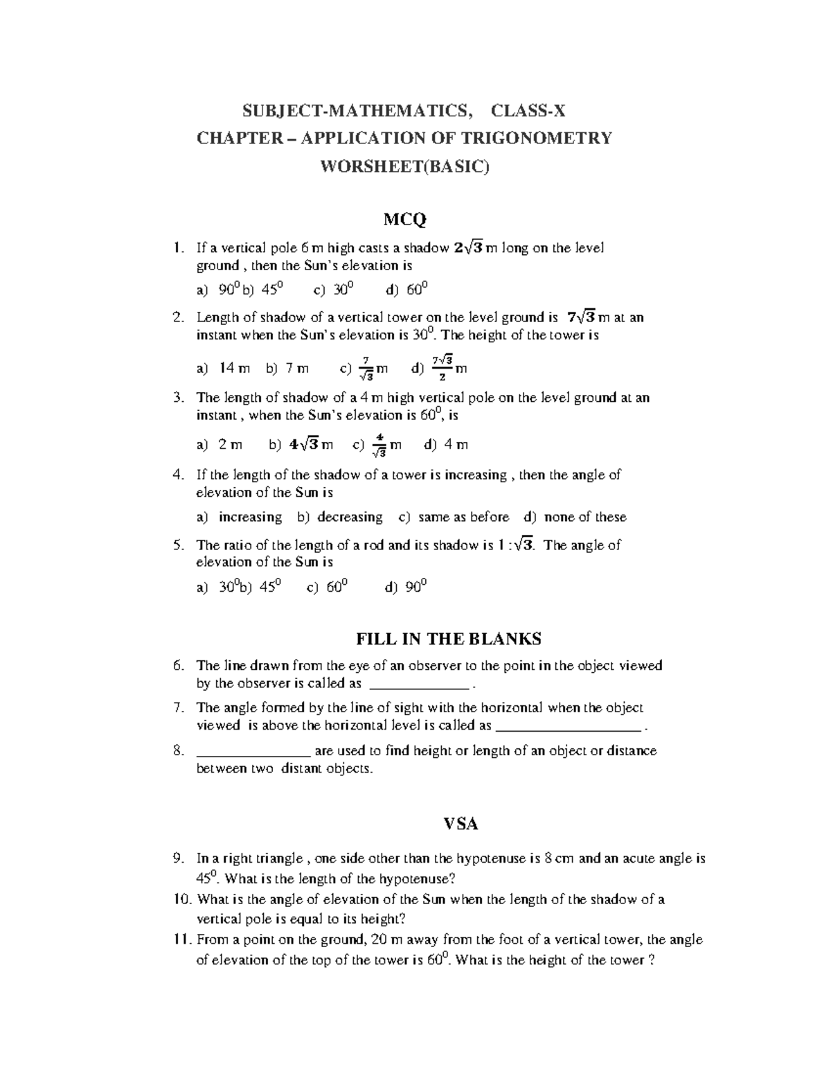 CHAPTER APPLICATION OF TRIGONOMETRY WORKSHEET (BASIC & STANDARD) - Studocu