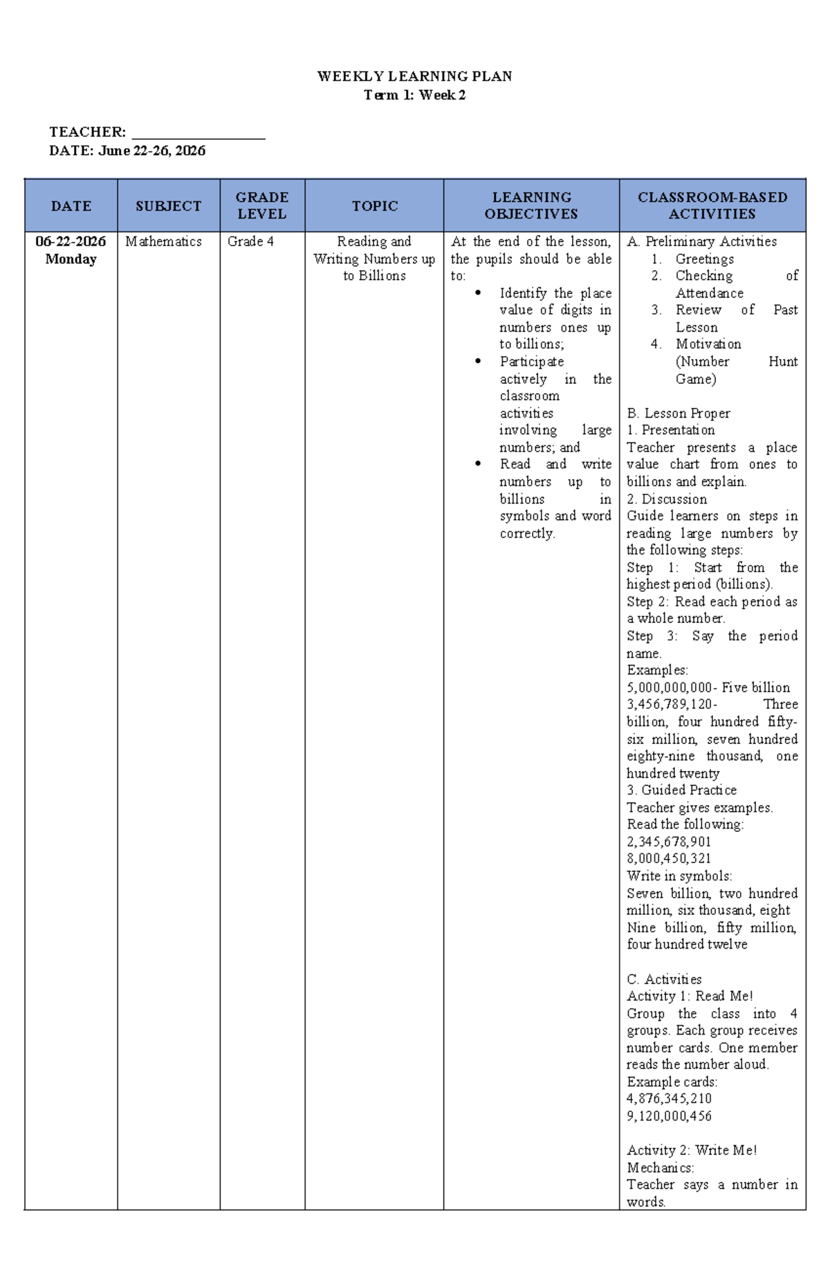 WEEK 2 LEARNING PLAN: GRADE 4 & 8 SUBJECTS (June 22-26, 2026) - Studocu