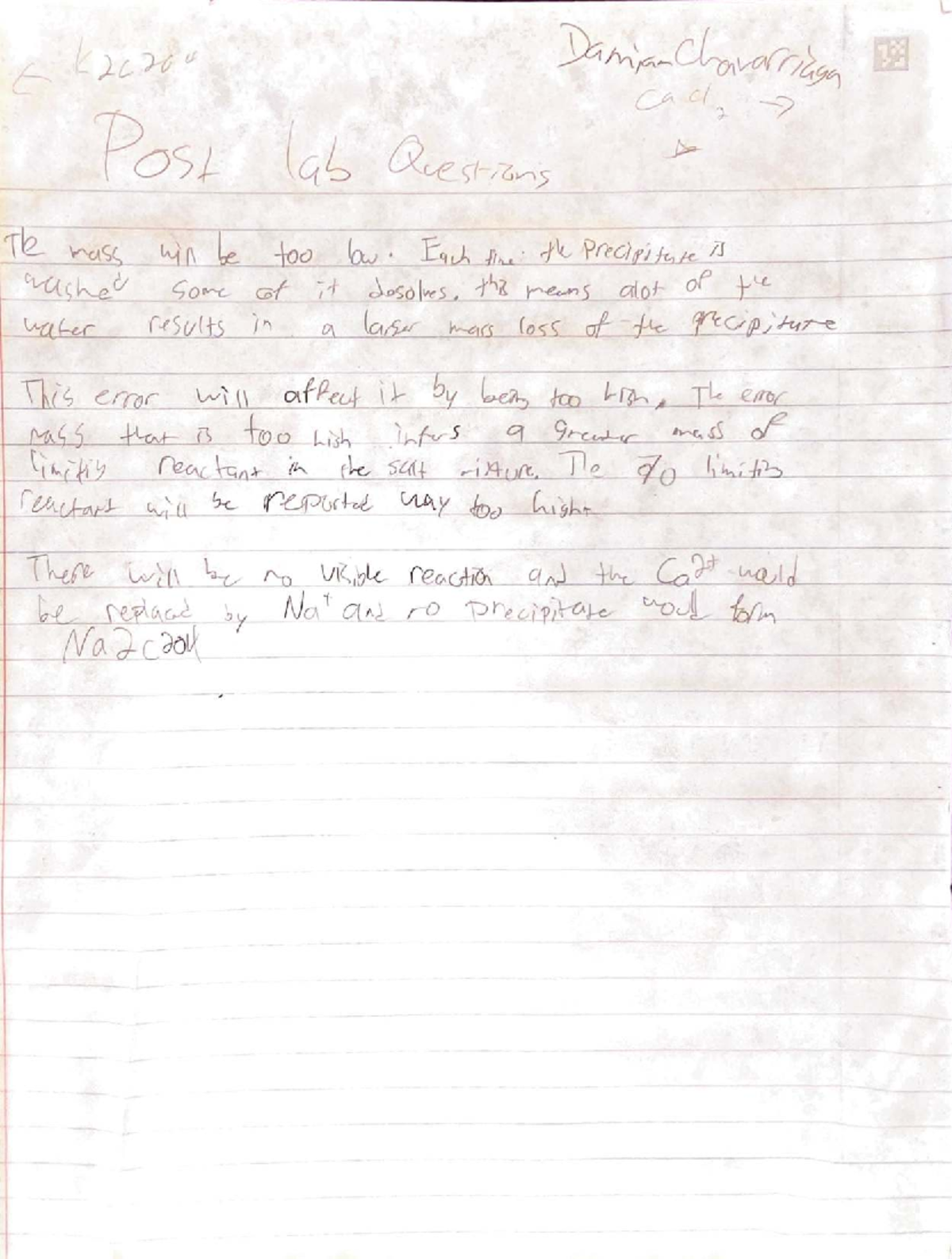 Experiment 8: Limiting Reactant Lab Report - Chavarriaga Damian - Studocu