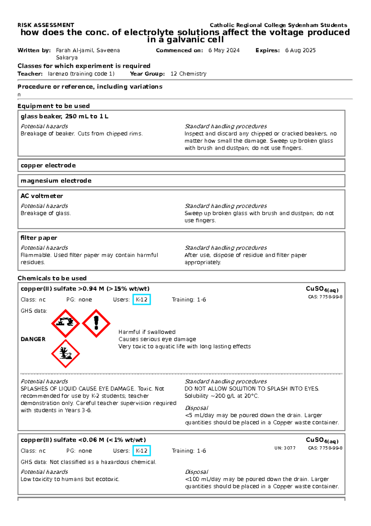 Risk Assessment for Chemistry Experiment - Year 12 (CHEM-121) - Studocu
