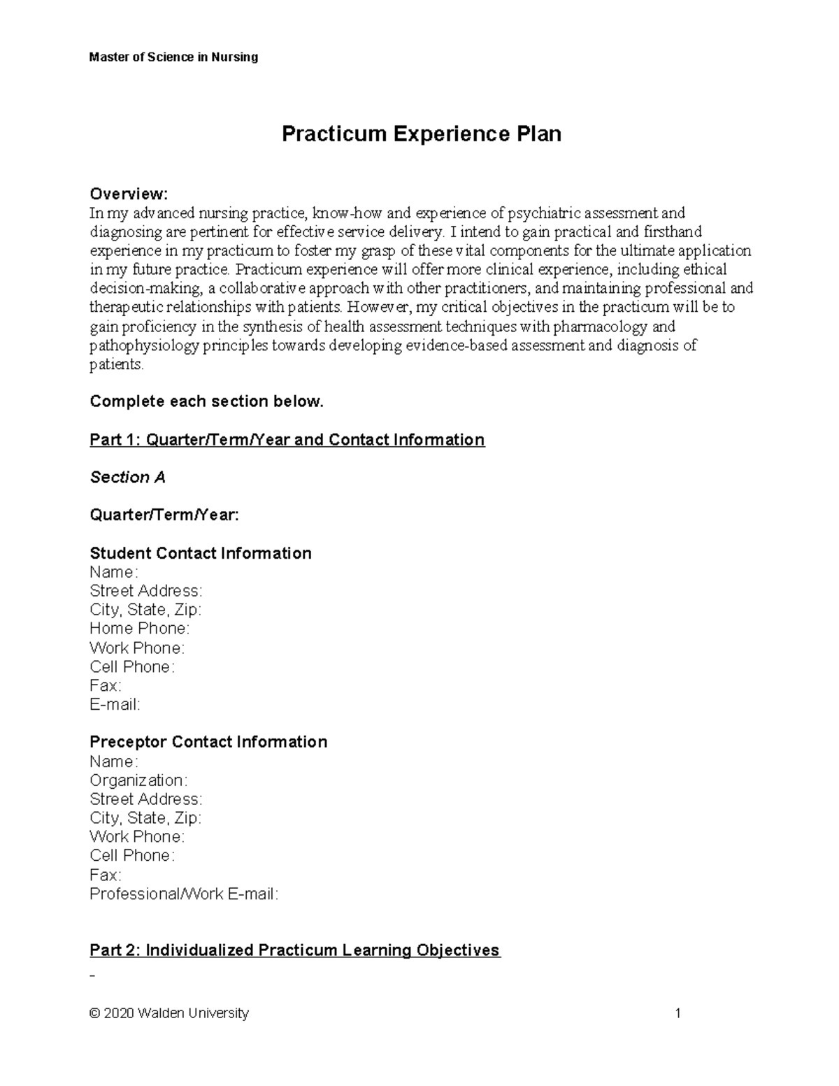 Practicum Experience Plan for Advanced Nursing Practice: Objectives ...