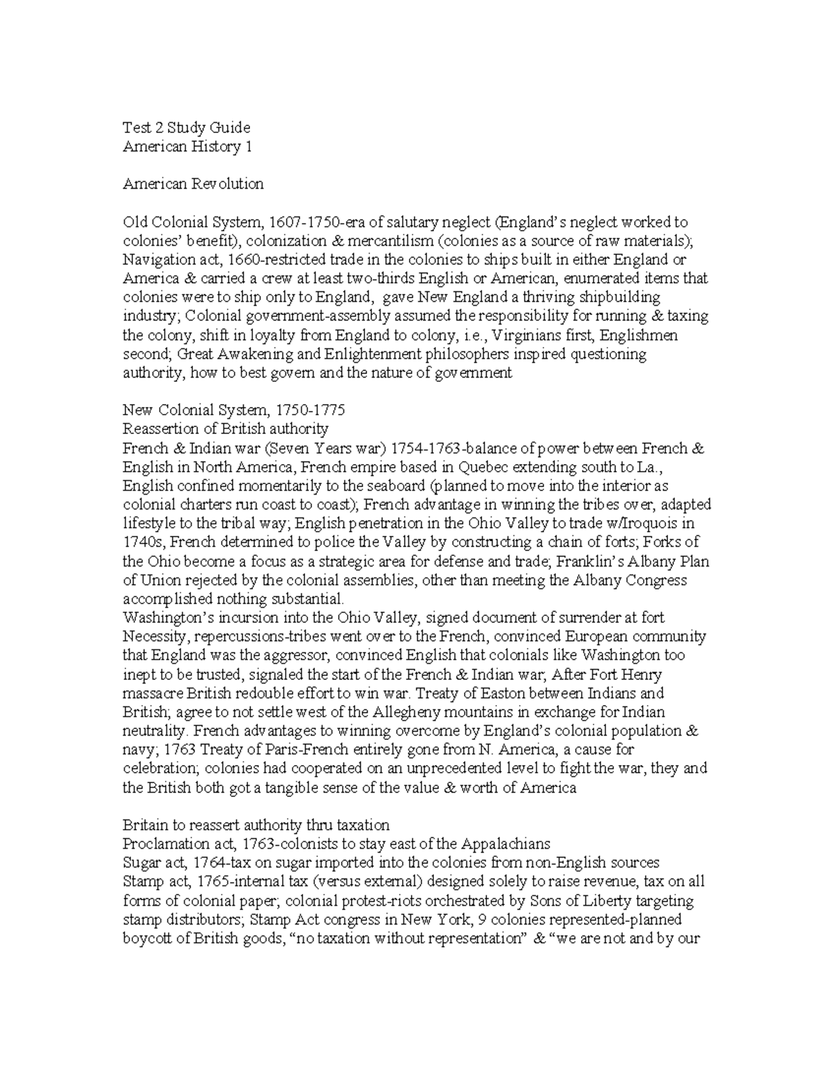 American History 1: Test 2 Study Guide on the American Revolution - Studocu