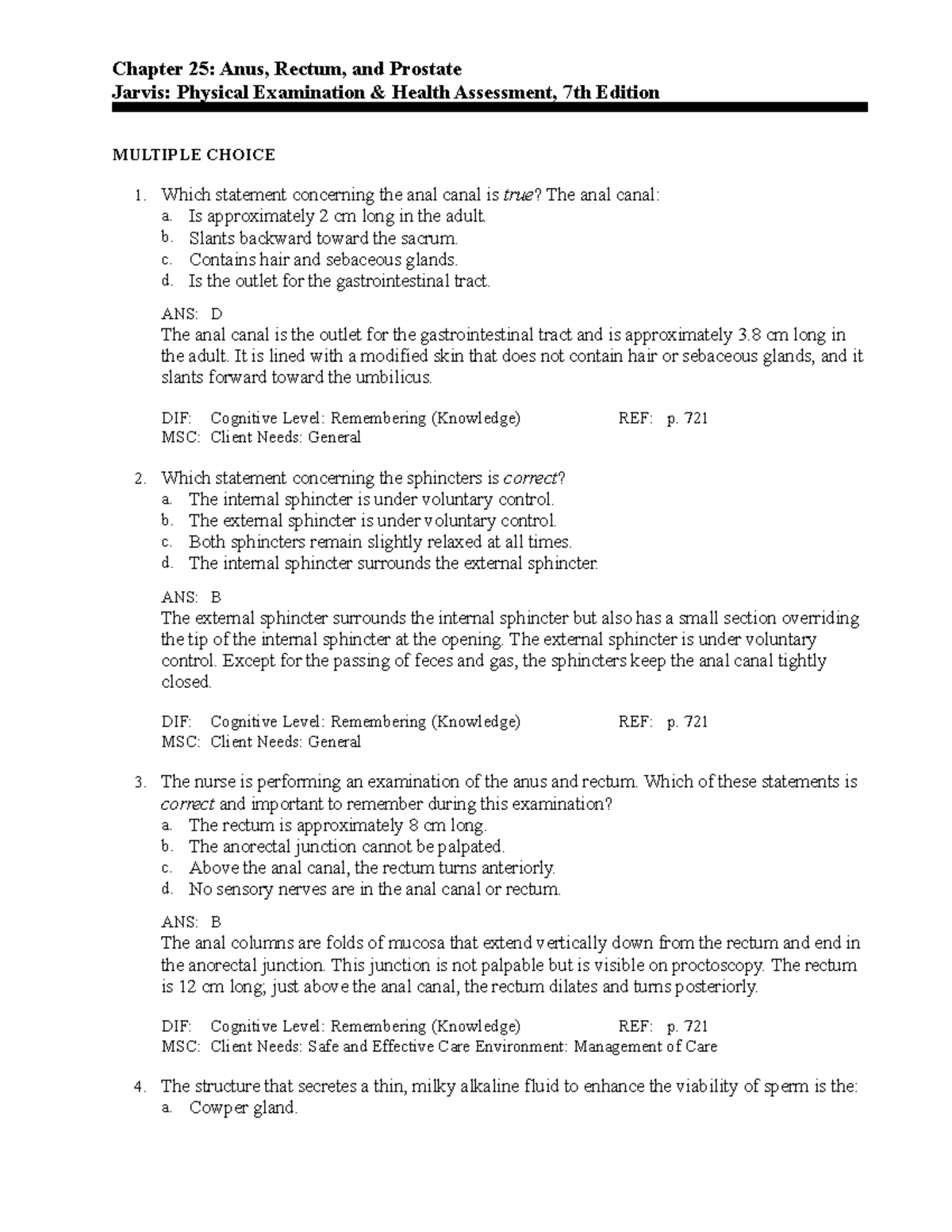 C25 - Jarvis Health Assessment Ch. 25: Anal Canal & Prostate Exam Notes ...