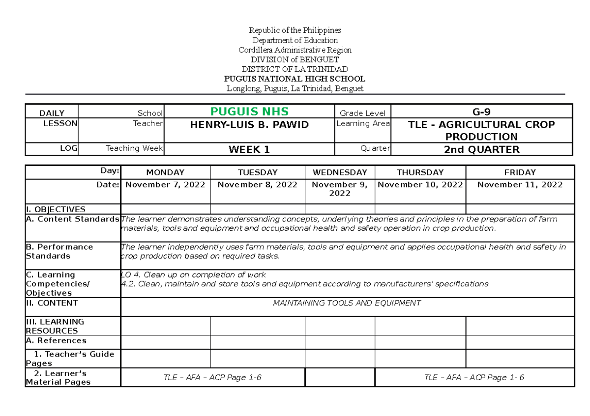 WEEK 1 - TLE - Agricultural Crop Production Lesson Plan - Studocu