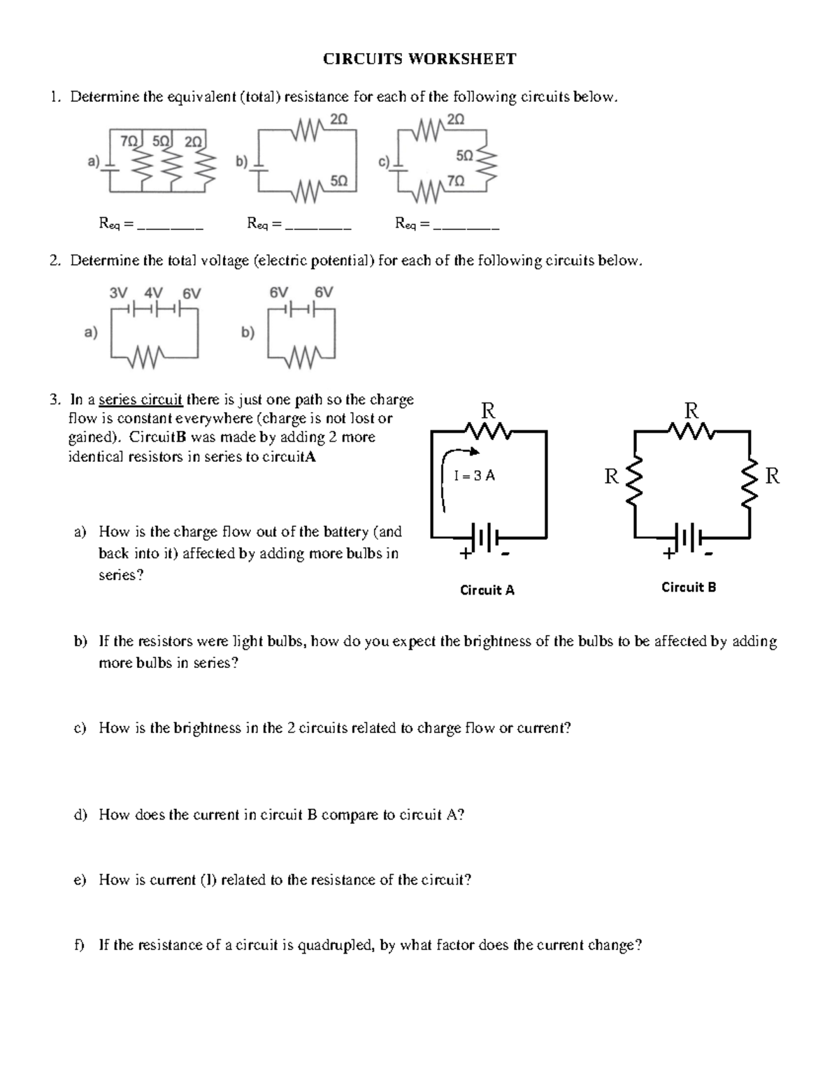 Circuits Worksheet: Analyzing Resistance and Current Flow - Studocu