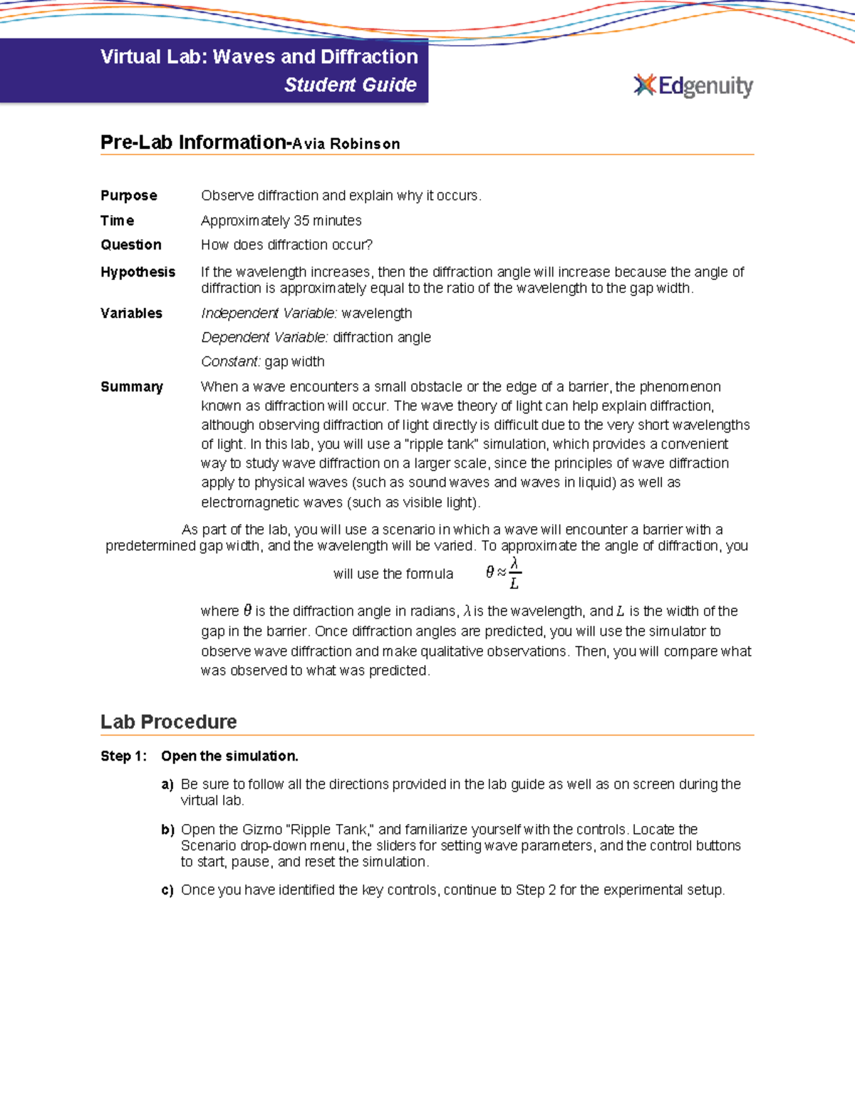 Virtual Lab Guide - Waves and Diffraction- Finished - Virtual Lab ...