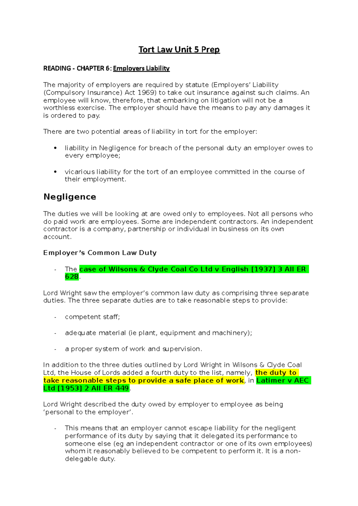 Tort Law Employer's Liability Revision Notes - Tort Law Unit 5 Prep ...
