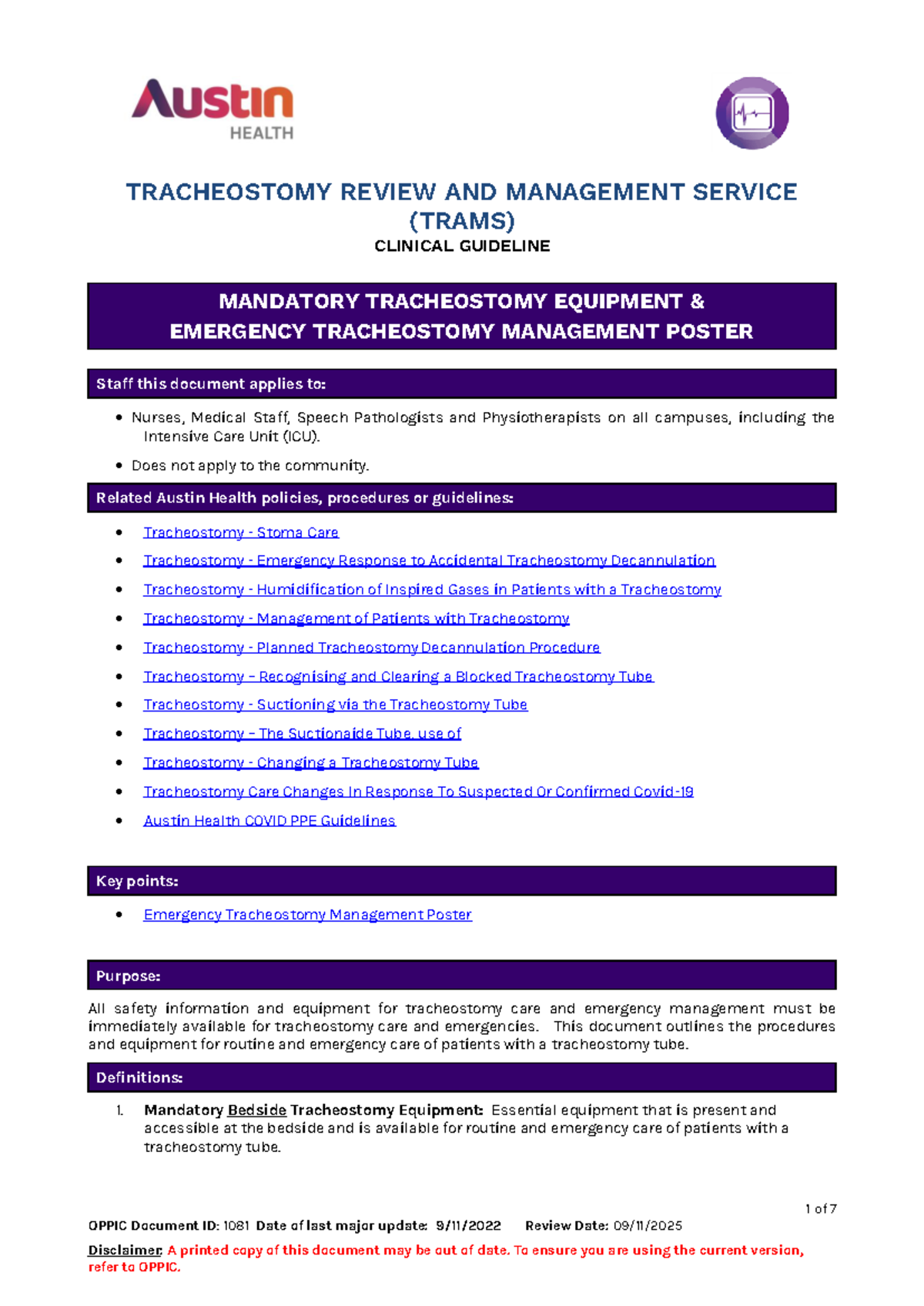 TRAMS Clinical Guideline: Emergency Management & Equipment for ...