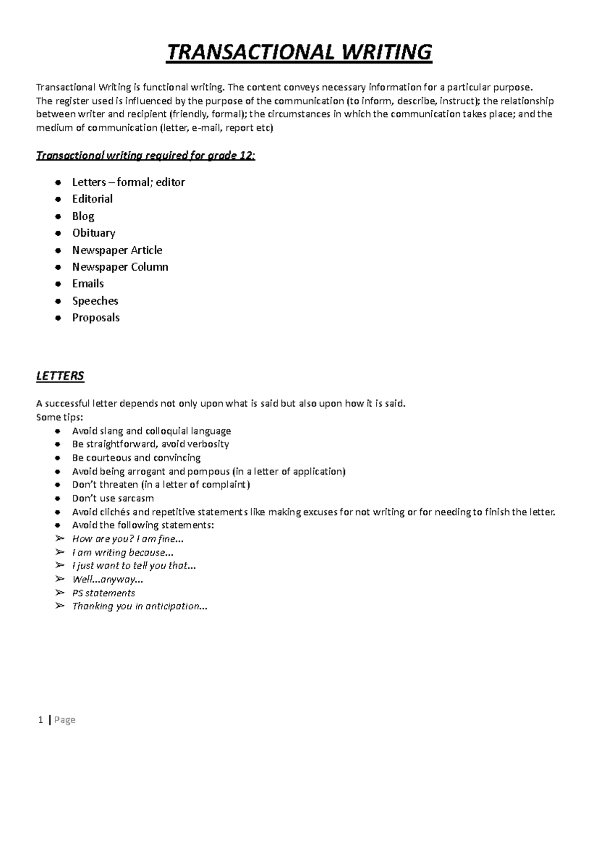 Transactional Writing Notes - TRANSACTIONAL WRITING Transactional ...