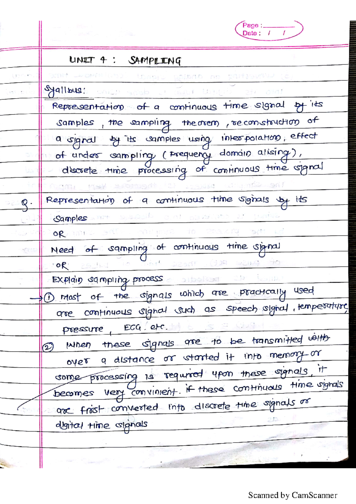 Unit 4: Sampling Theorem Notes for Signal Processing (EE 101) - Studocu