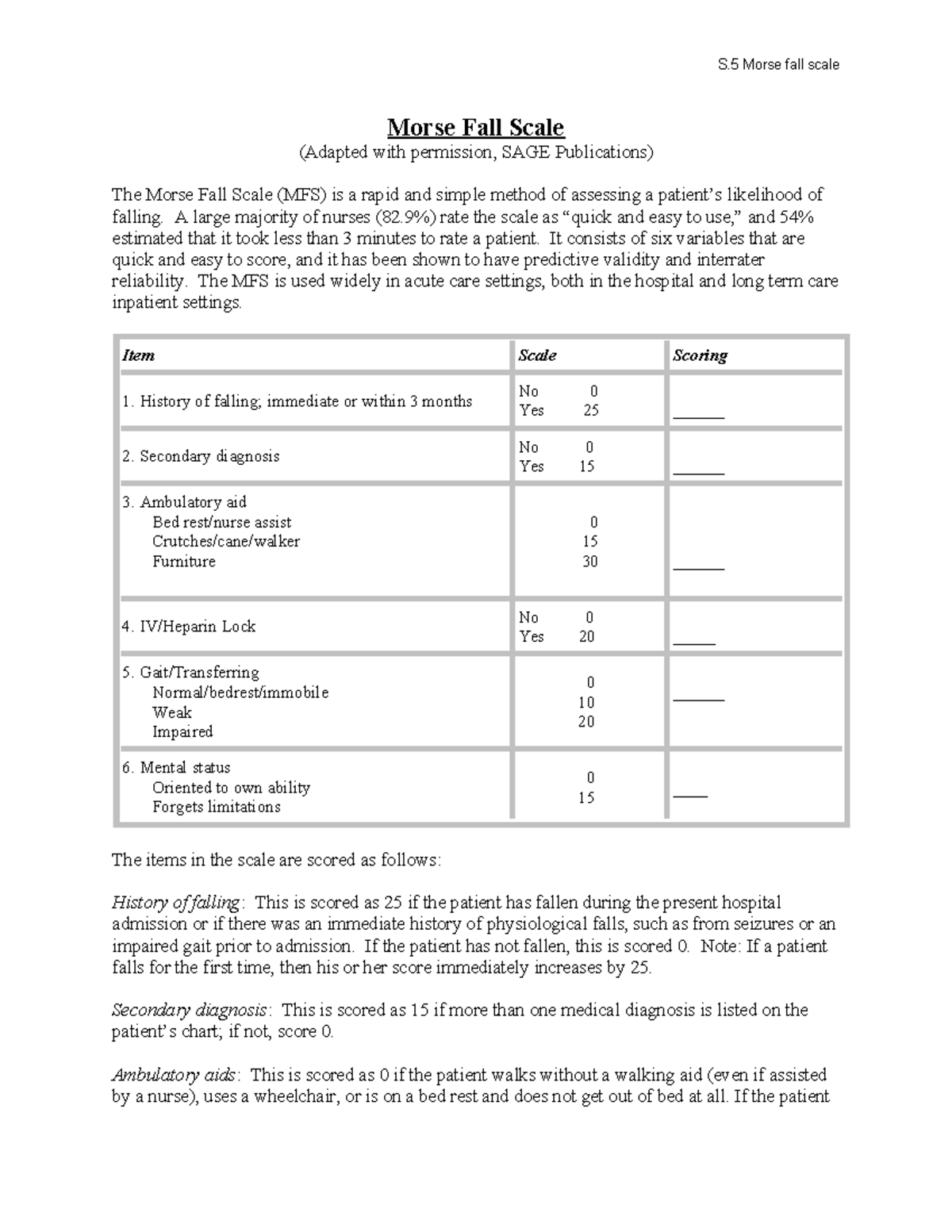 Morse Fall Scale (MFS) Assessment Guide for Nurses - Studocu