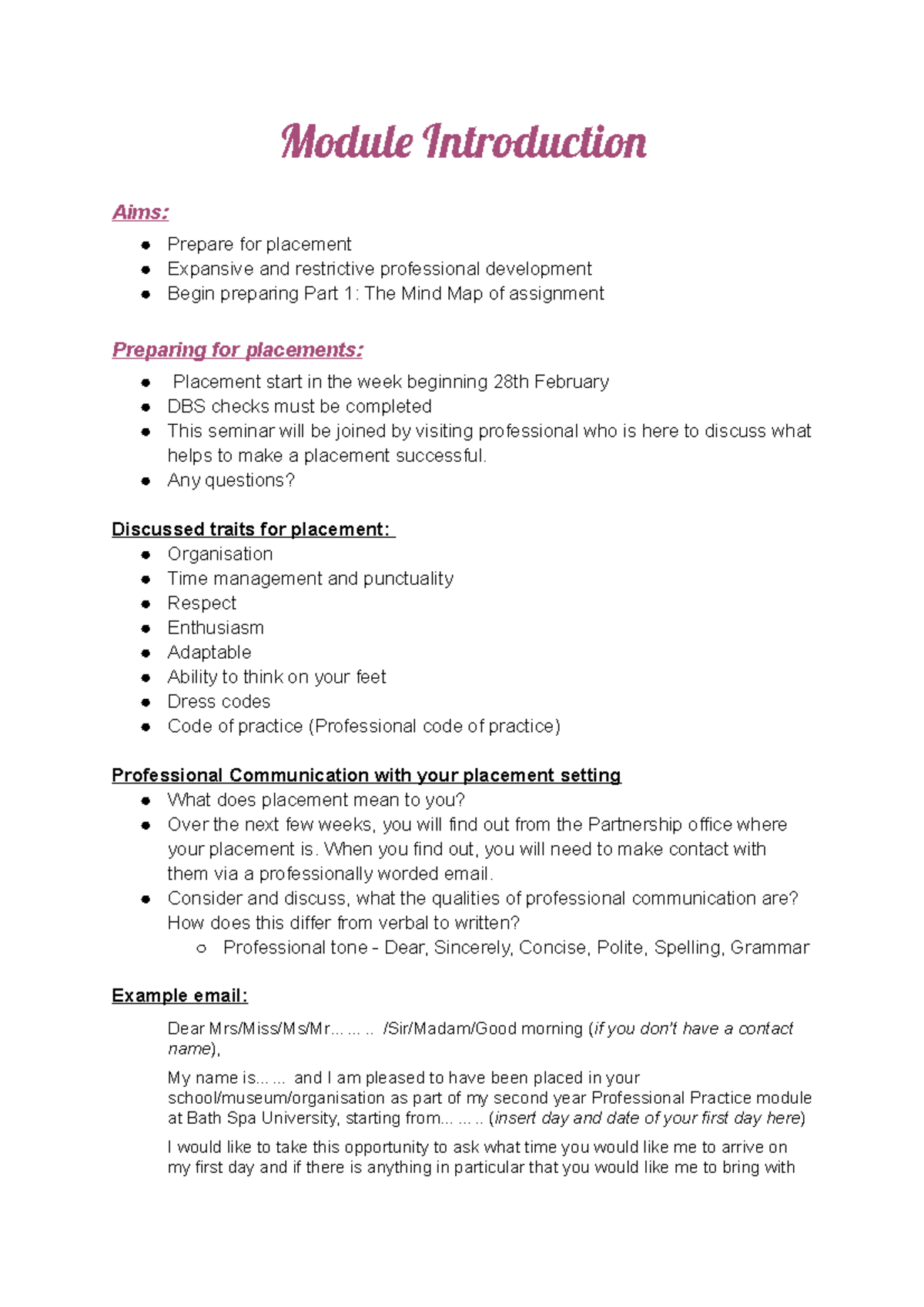 Professional Practice Module Introduction: Preparing for Placements - Studocu