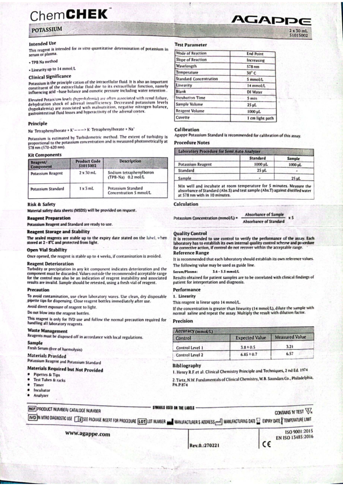Potassium Reagent Analysis - AGAPPE IVD Test Protocol - Studocu