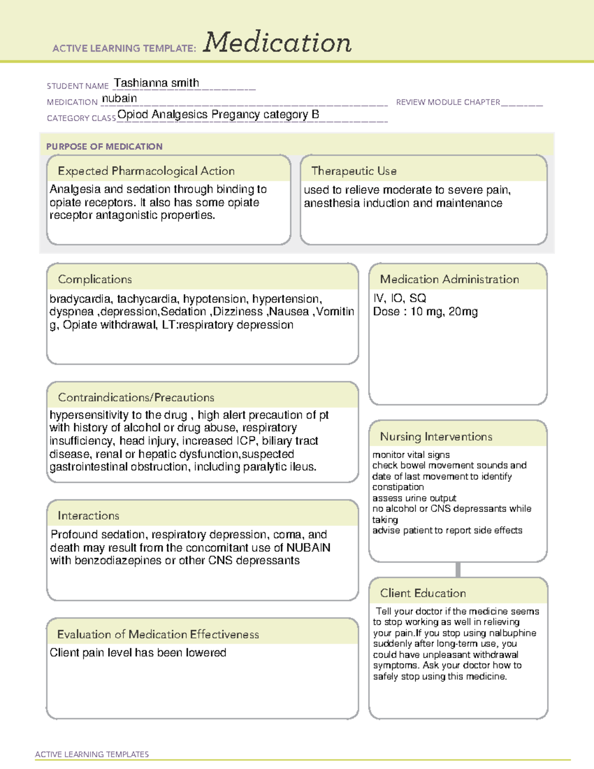 Medication Template: Nubain (Nalbuphine) Active Learning Notes - Studocu