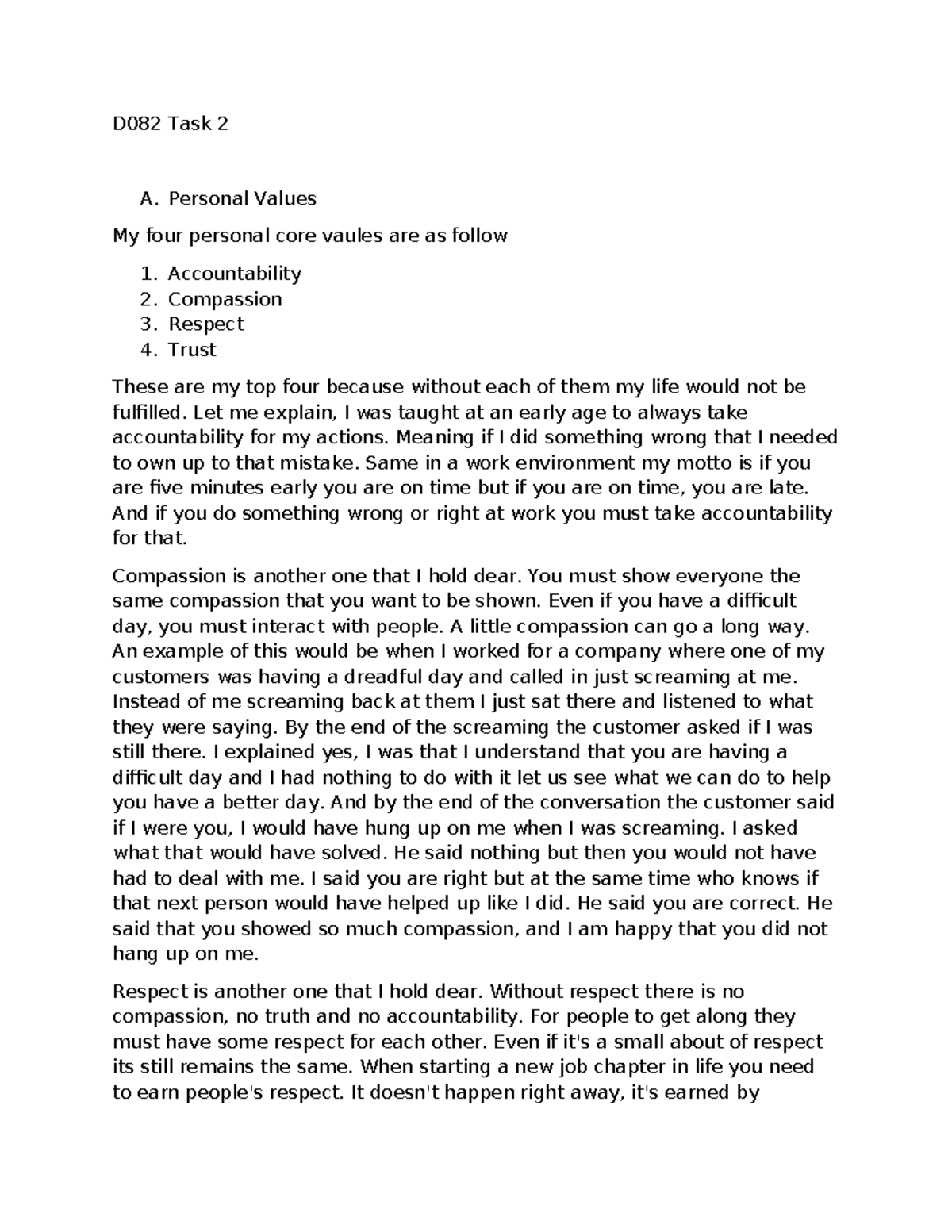 D082 Task 2 - My Personal Core Values and Their Importance - Studocu