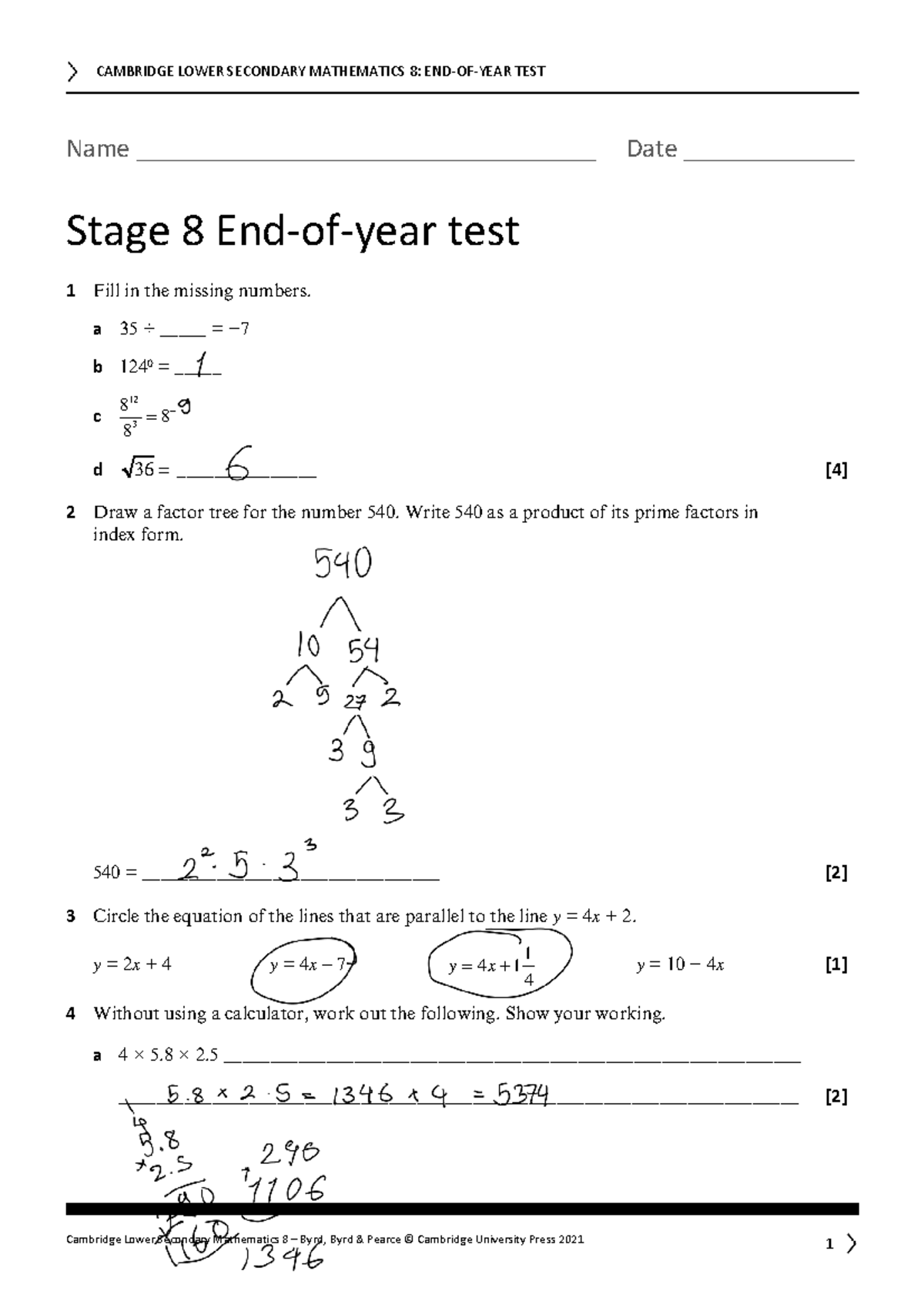 CAMBRIDGE LOWER SECONDARY MATHEMATICS 8: END OF YEAR TEST - Studocu