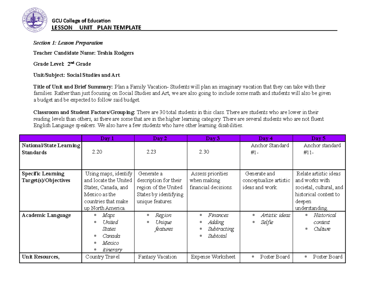 Lesson Unit Plan Template for 2nd Grade Social Studies and Art - Studocu