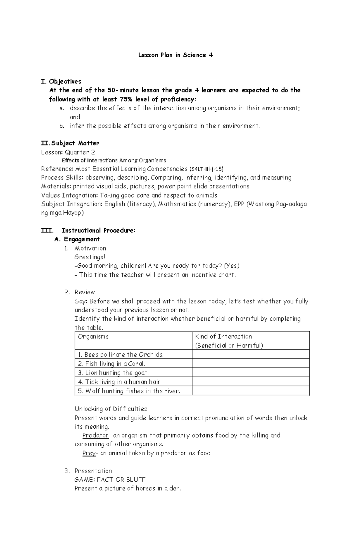 Lesson plan in science - Objectives At the end of the 50-minute lesson ...