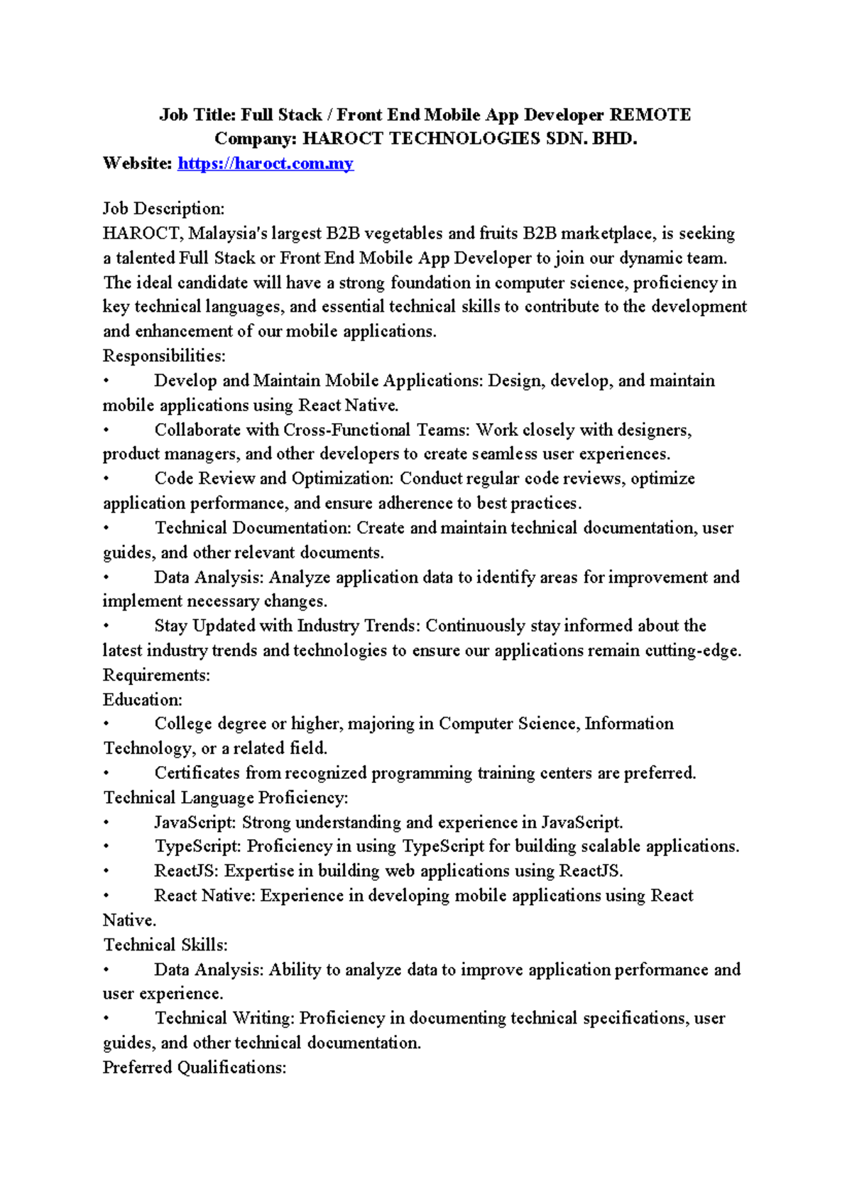 Job Description for Full Stack / Front End Developer - HAROCT Tech ...
