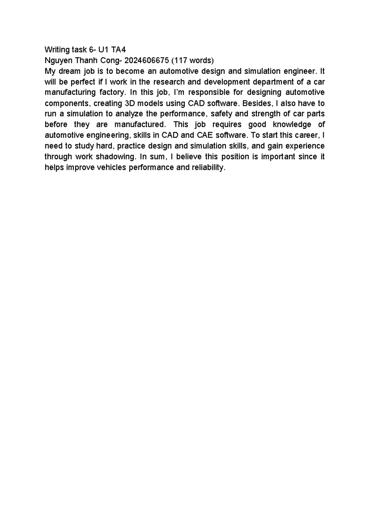 Writing Task 6 - U1 TA4: My Dream Job as an Automotive Engineer - Studocu