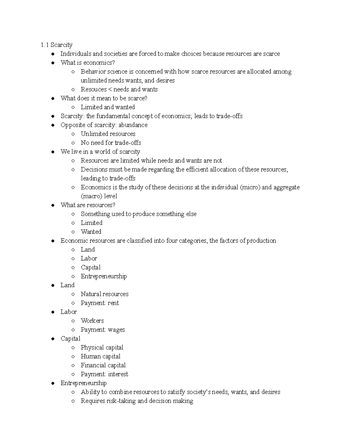 AP Macro Unit 1 Review - lecture notes - 1 Scarcity Individuals and ...