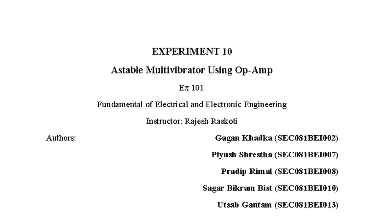 Lab 10: Astable Multivibrator Experiment - FEE 101 - Studocu