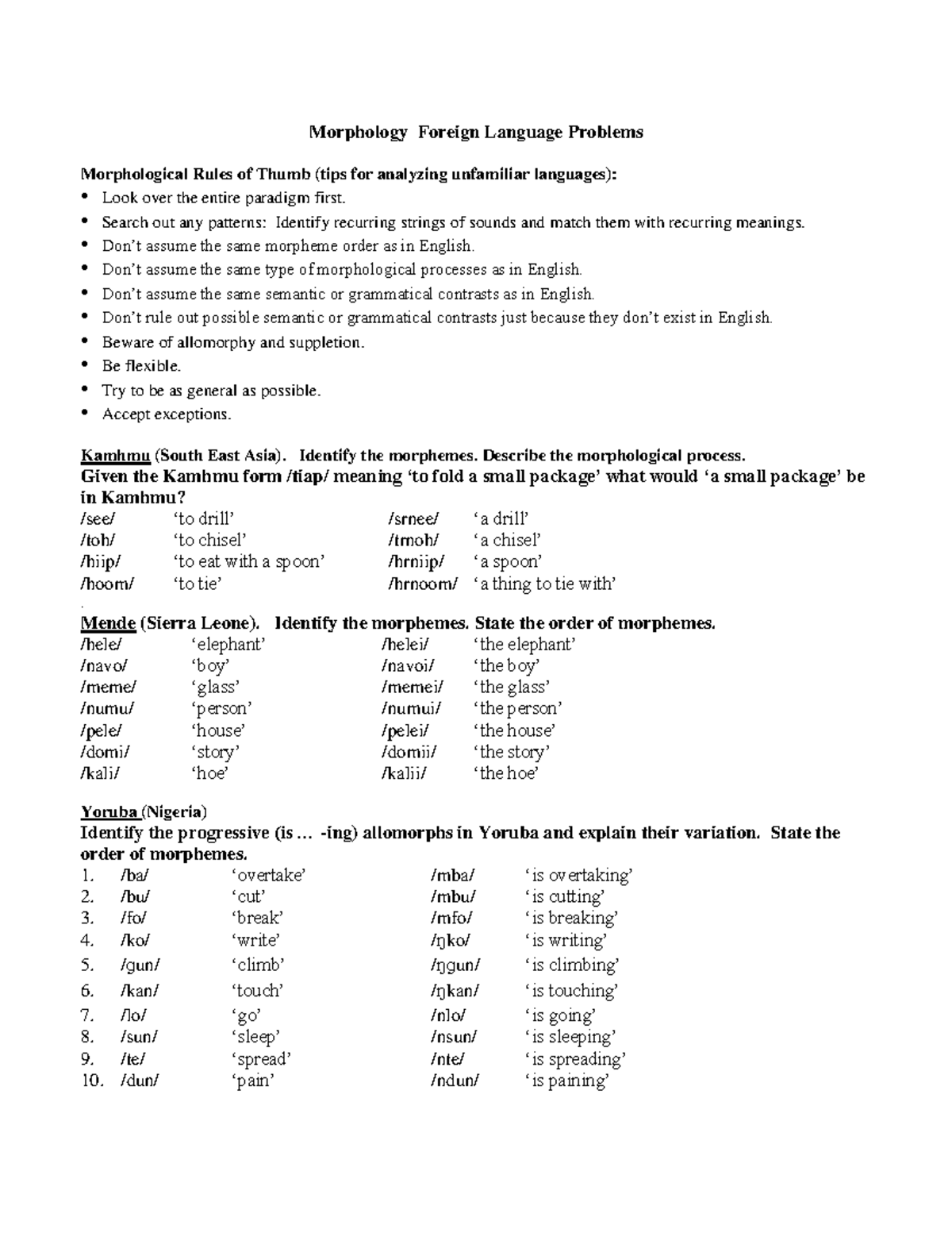 Morphology Analysis Exercises for Linguistics 101 Course - Studocu